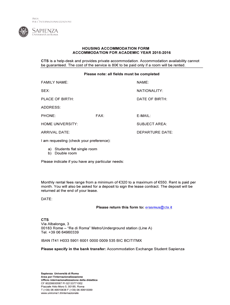 Fillable Online en uniroma1 HOUSING ACCOMMODATION FORM ACCOMMODATION FOR ACADEMIC YEAR - en ...