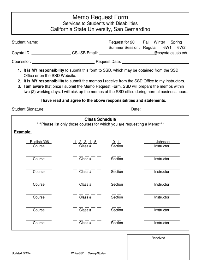 Fillable Online ssd csusb Memo Request Form - bSSDb bCSUSBb - ssd csusb ...