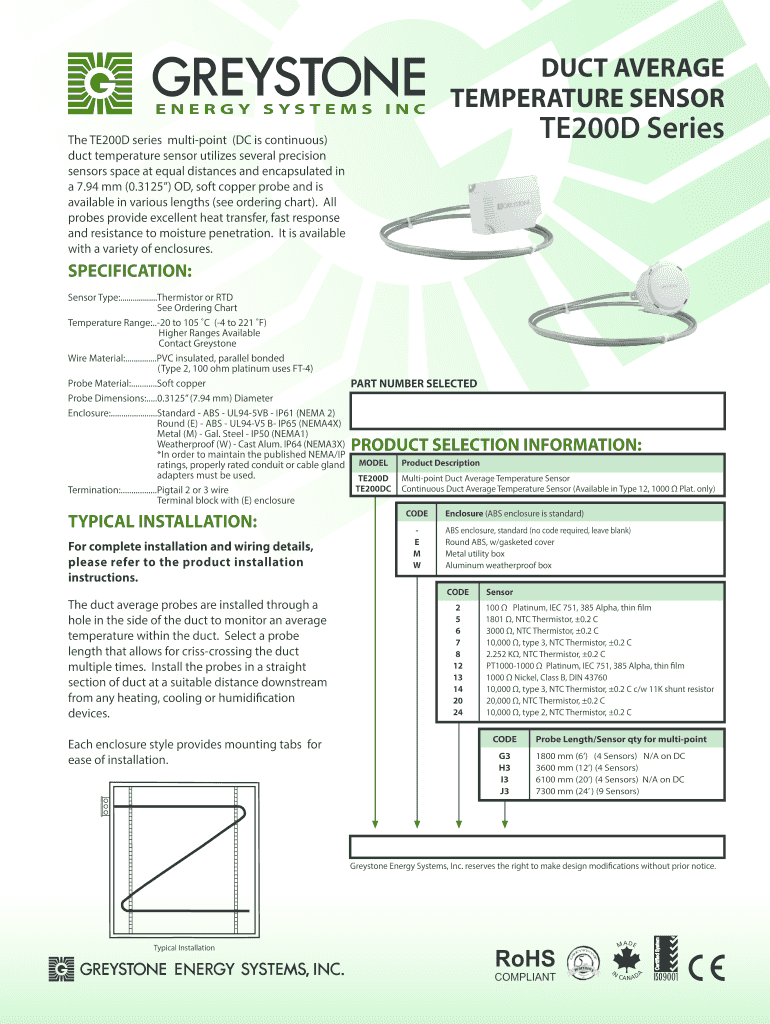 Fillable Online ENERGY SYSTEMS INC DUCT AVERAGE TEMPERATURE SENSOR TE200D Series The TE200D ...