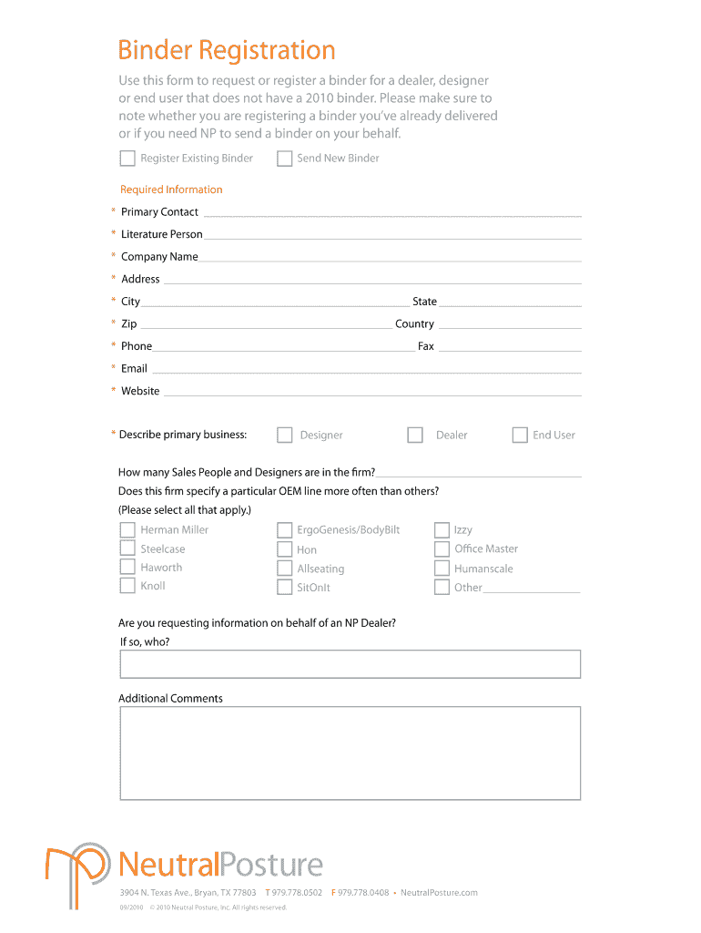 Fillable Online Binder Registration - Neutral Posture Fax Email Print ...