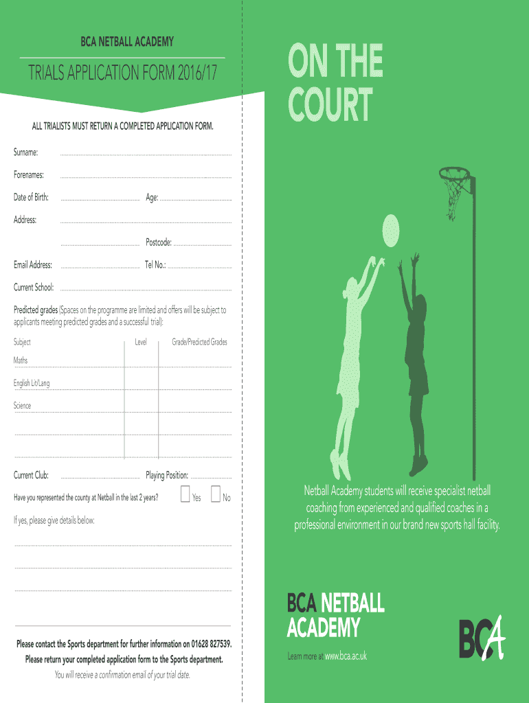 Fillable Online bca ac TRIALS APPLICATION FORM 201617 BCA NETBALL ...