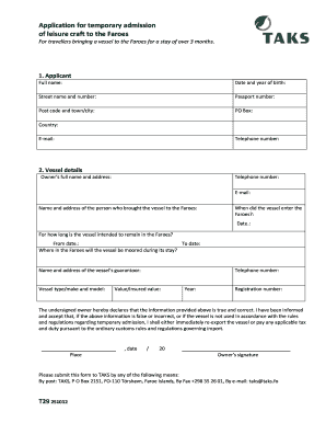 Fillable Online taks Application for temporary admission of leisure ...