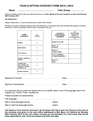 Fillable Online YEAR 9 OPTION CHOICES FORM 20132014 - Whitley Academy ...