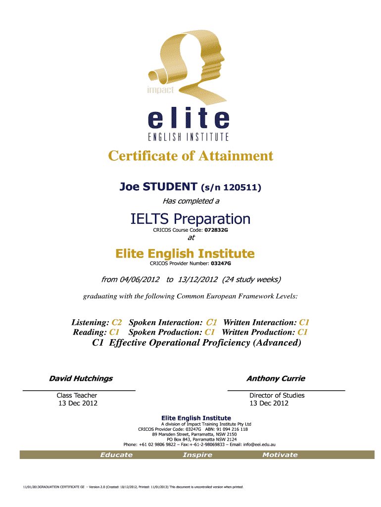 Fillable Online eei edu Ielts preparation course graduation certificate ...