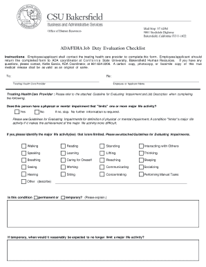Fillable Online csub ADA/FEHA Job Duty Evaluation Checklist - CSUB Home ...