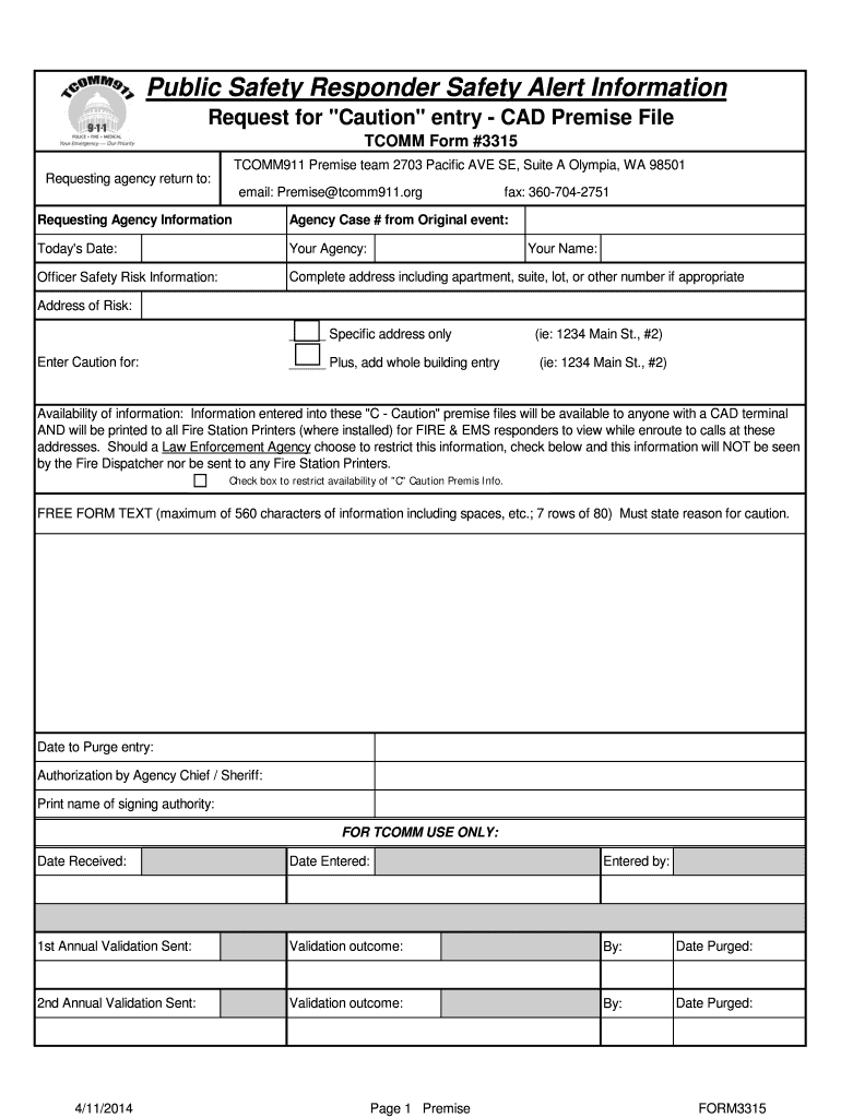 Fillable Online tcomm911 Public Safety Responder Safety Alert ...