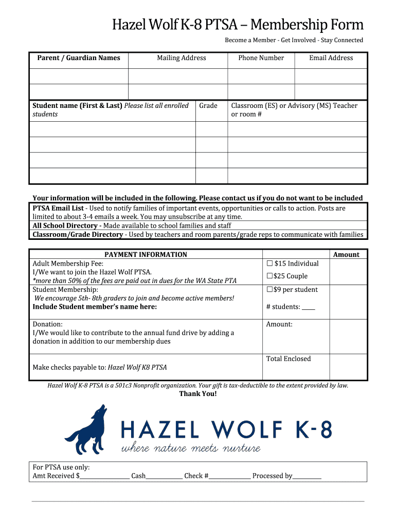 Fillable Online PTSA Membership Form - Hazel Wolf K-8 Fax Email Print ...