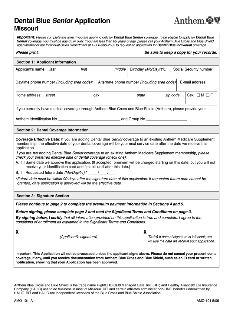 Fillable Online Dental Blue Senior Application Missouri - Percepta Fin ...