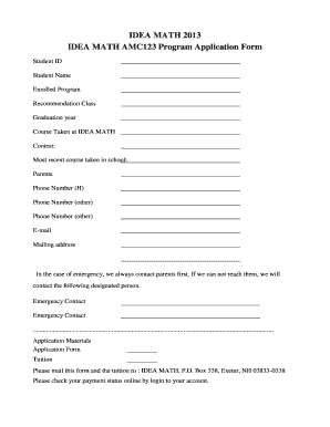 Fillable Online ideamath IDEA MATH 2013 IDEA MATH AMC123 Program ...