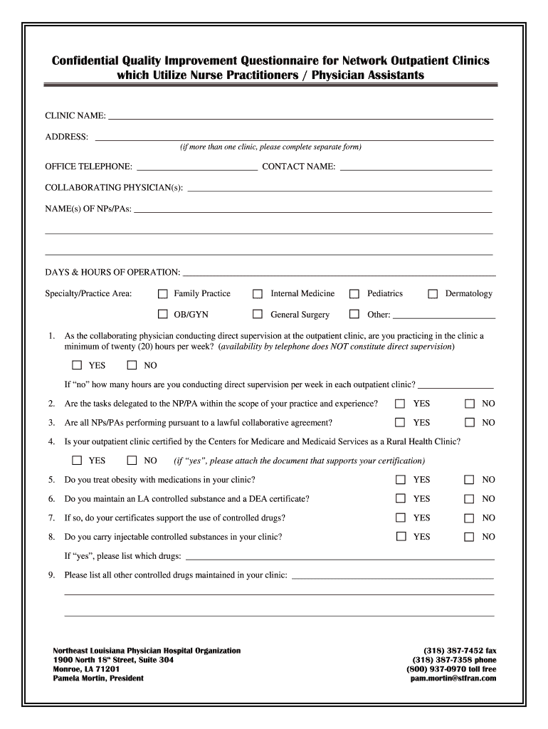 Fillable Online Confidential Quality Improvement Questionnaire for ...