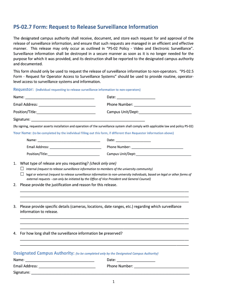 Fillable Online policies iu PS-027 Form Request to Release Surveillance Information Fax Email ...