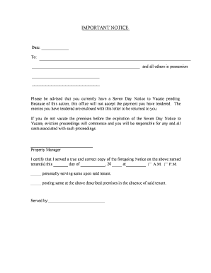 Fillable Online Important Notice (pending Seven Day Notice to Vacate ...