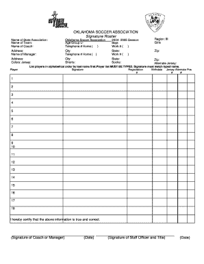 Fillable Online OKLAHOMA SOCCER ASSOCIATION Signature Roster (Signature ...