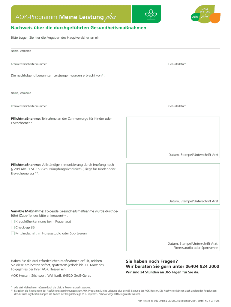 Ausfüllbar Online hessen aok Wahltarif Meine Leistung Plus Nachweis ...