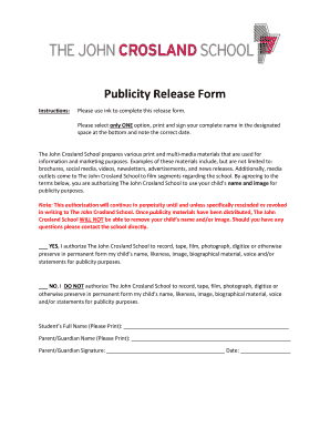Fillable Online johncroslandschool Publicity Release Form - John ...