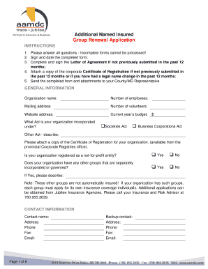 Fillable Online Additional Named Insured Group Renewal Application Fax ...
