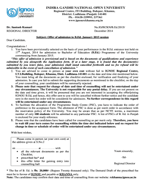 Fillable Online rckhanna ignou ac Offer Letter - IGNOU Khanna Regional ...