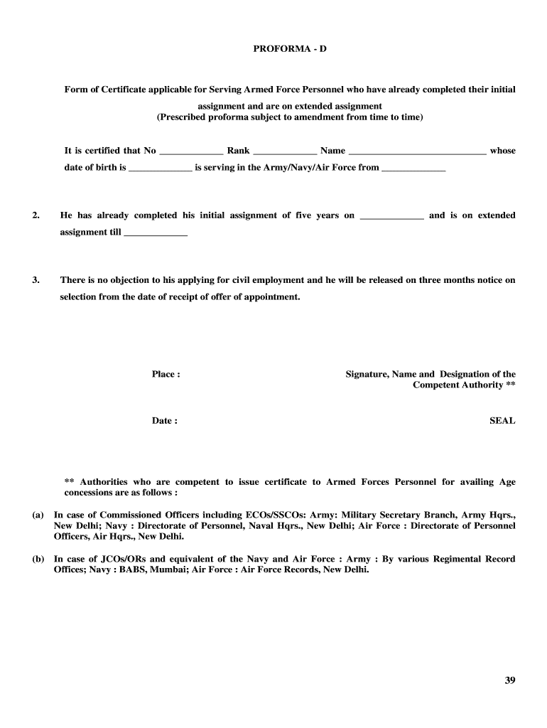 Fillable Online PROFORMA - D Form of Certificate applicable for Serving ...