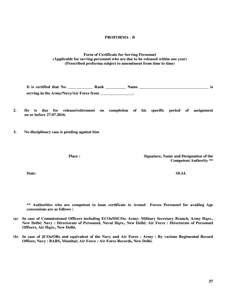 Fillable Online PROFORMA - B It is certified that No Rank Name is Fax ...