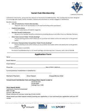 Fillable Online Social Club Membership Calisthenics Victoria Inc Fax ...