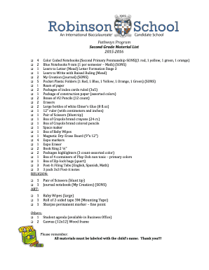 Fillable Online Pathways Program Second Grade Material List 2015-2016 ...