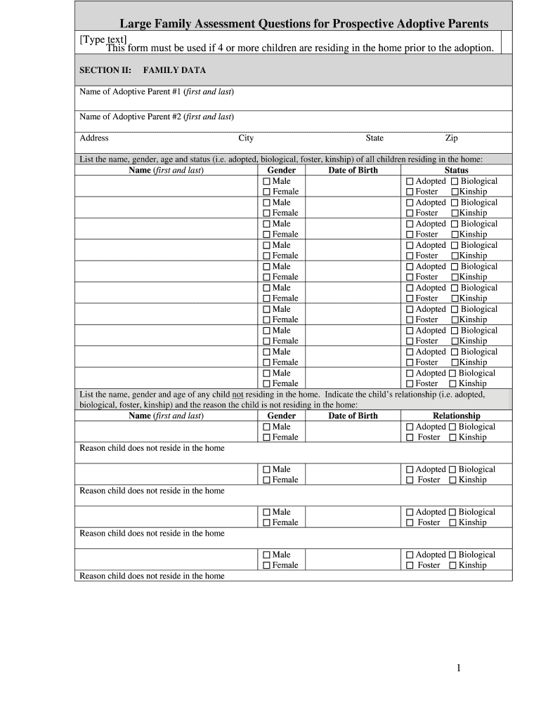 Fillable Online Large Family Assessment Questions for Prospective Adoptive Parents Fax Email ...