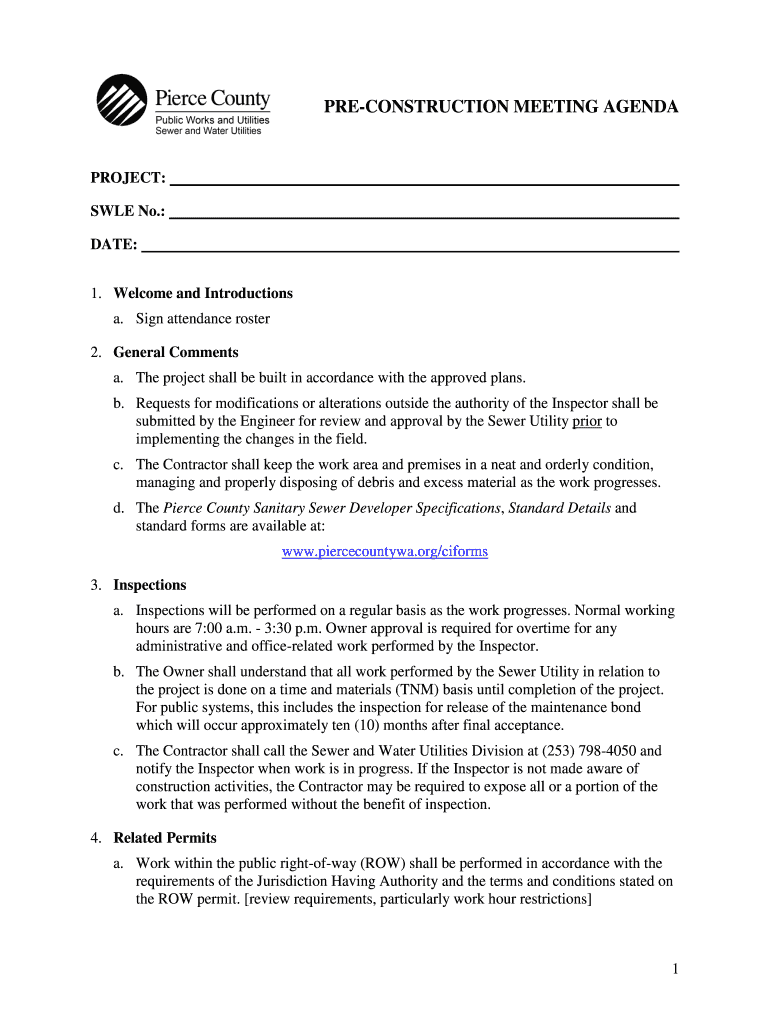 Fillable Online co pierce wa PRE-CONSTRUCTION MEETING AGENDA - Official ...