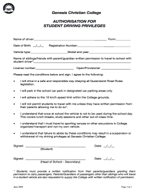 Fillable Online genesis qld edu 7 Authorisation for Student Driving ...