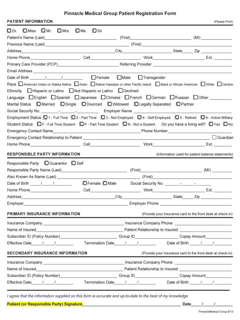 Fillable Online Pinnacle Medical Group- Patient Registration Forms ...