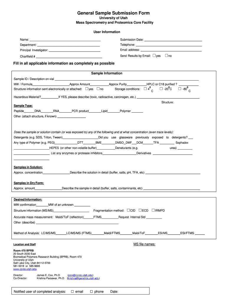 Fillable Online cores utah General Sample Submission Form - HSC Core Research Facility - cores ...