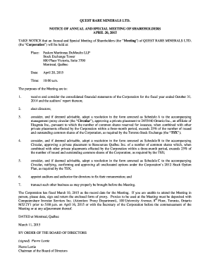 Fillable Online QUEST RARE MINERALS LTD NOTICE OF ANNUAL AND SPECIAL ...
