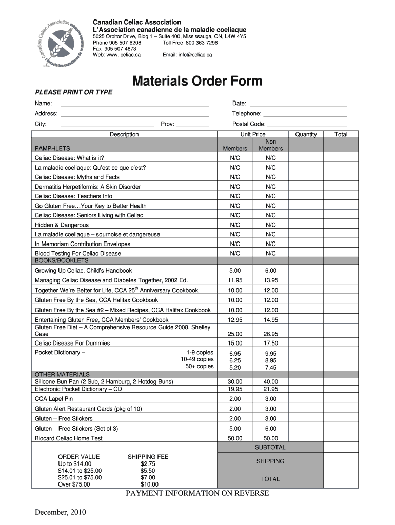 Fillable Online Materials Order Form - Celiac Fax Email Print - pdfFiller