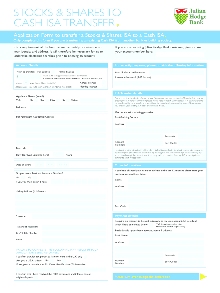 Fillable Online Stocks & Shares to Cash ISA Transfer Form ... - Julian ...