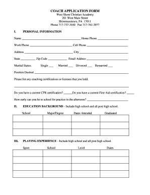 Fillable Online westshorechristian COACH APPLICATION FORM - West Shore ...