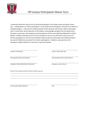 Fillable Online Off Campus Participation Waiver Form - Hartfield ...