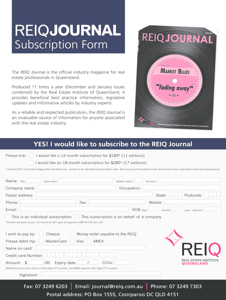Fillable Online Subscription Form - The REIQ Fax Email Print - pdfFiller