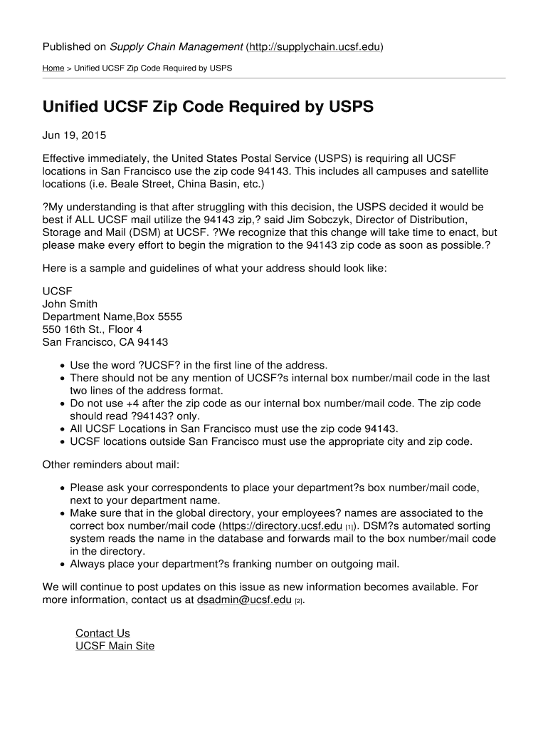 Fillable Online supplychain ucsf Unified UCSF Zip Code Required by USPS ...