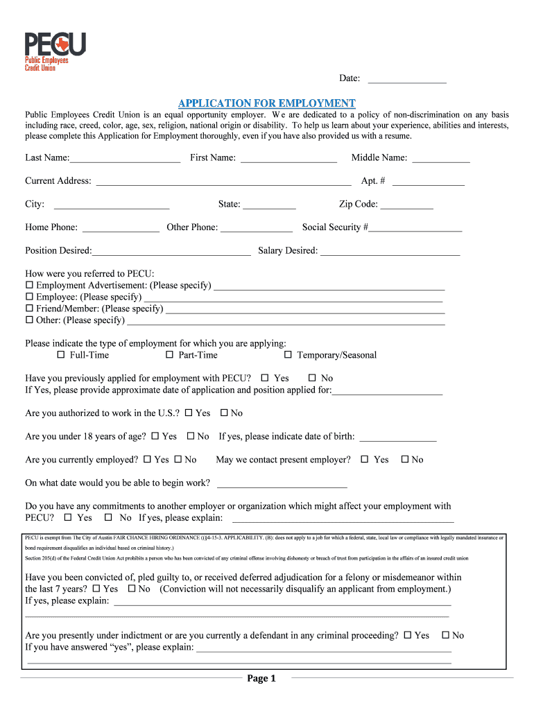 Fillable Online pecutx Public Employees Credit Union Employment ...