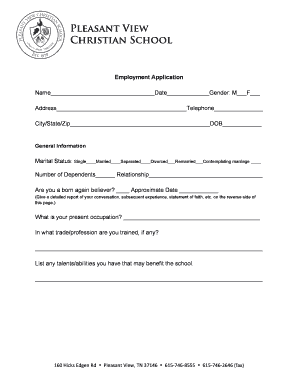Fillable Online pvchristian Pleasant View Christian School Employment Application Name Date ...