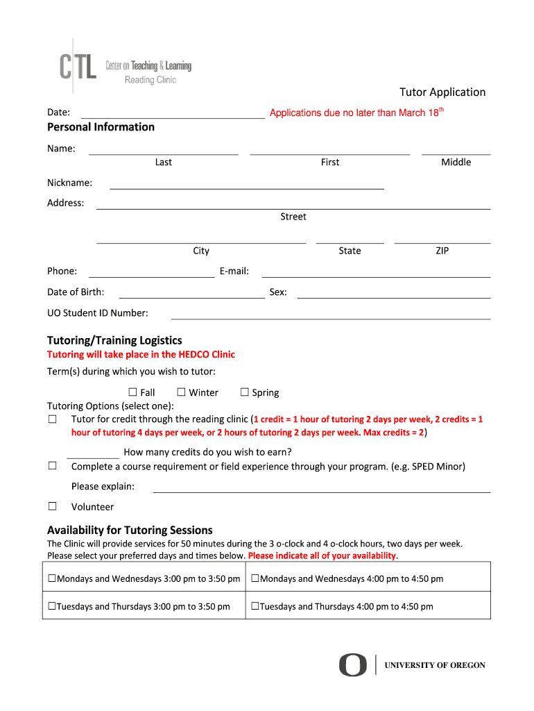 Fillable Online ctlreadingclinic uoregon Personal Information - University of Oregon Fax Email ...