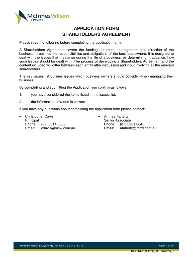 Fillable Online APPLICATION FORM SHAREHOLDERS AGREEMENT Fax Email Print ...