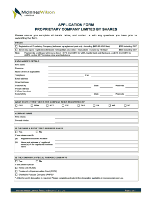 Fillable Online APPLICATION FORM PROPRIETARY COMPANY LIMITED BY SHARES ...
