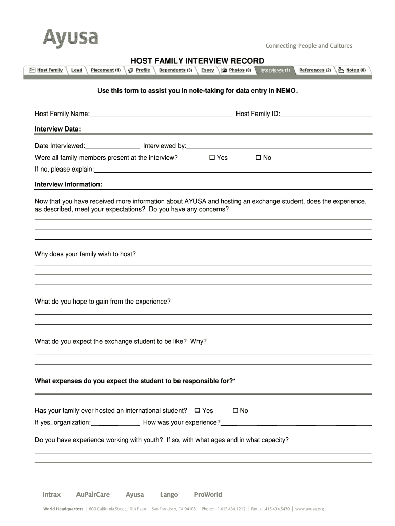 Fillable Online HOST FAMILY INTERVIEW Fax Email Print - pdfFiller