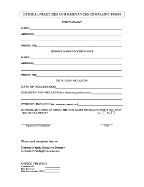 Fillable Online ETHICAL PRACTICES AND GRIEVANCES COMPLAINT FORM Fax ...