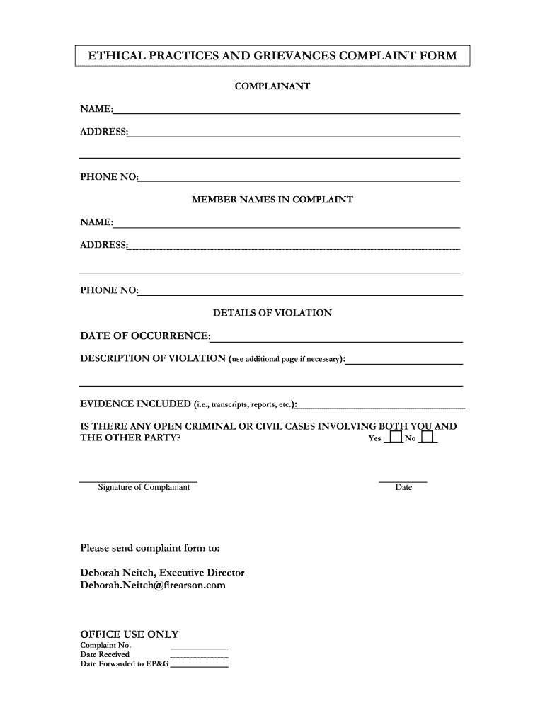 Fillable Online ETHICAL PRACTICES AND GRIEVANCES COMPLAINT FORM Fax ...