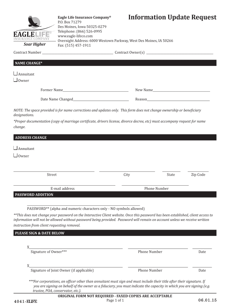 Fillable Online Information Update Request - Eagle Life Insurance Company Fax Email Print ...