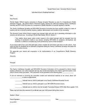 Fillable Online Sample Parent Letter- Secondary Passive Consent Fax ...