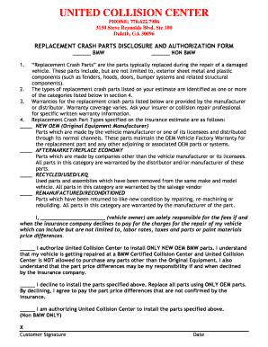 Fillable Online REPLACEMENT CRASH PARTS DISCLOSURE AND AUTHORIZATION ...