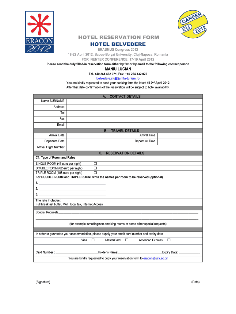 Fillable Online HOTEL RESERVATION FORM HOTEL BELVEDERE Fax Email Print - pdfFiller