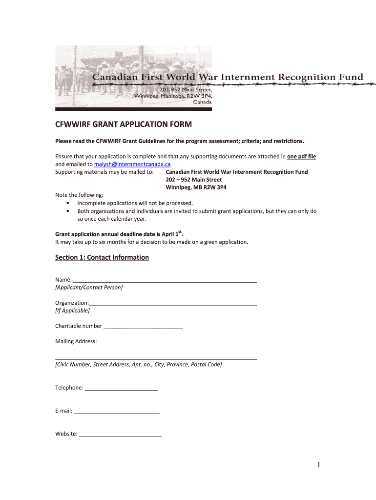 Fillable Online internmentcanada CFWWIRF GRANT APPLICATION FORM ...